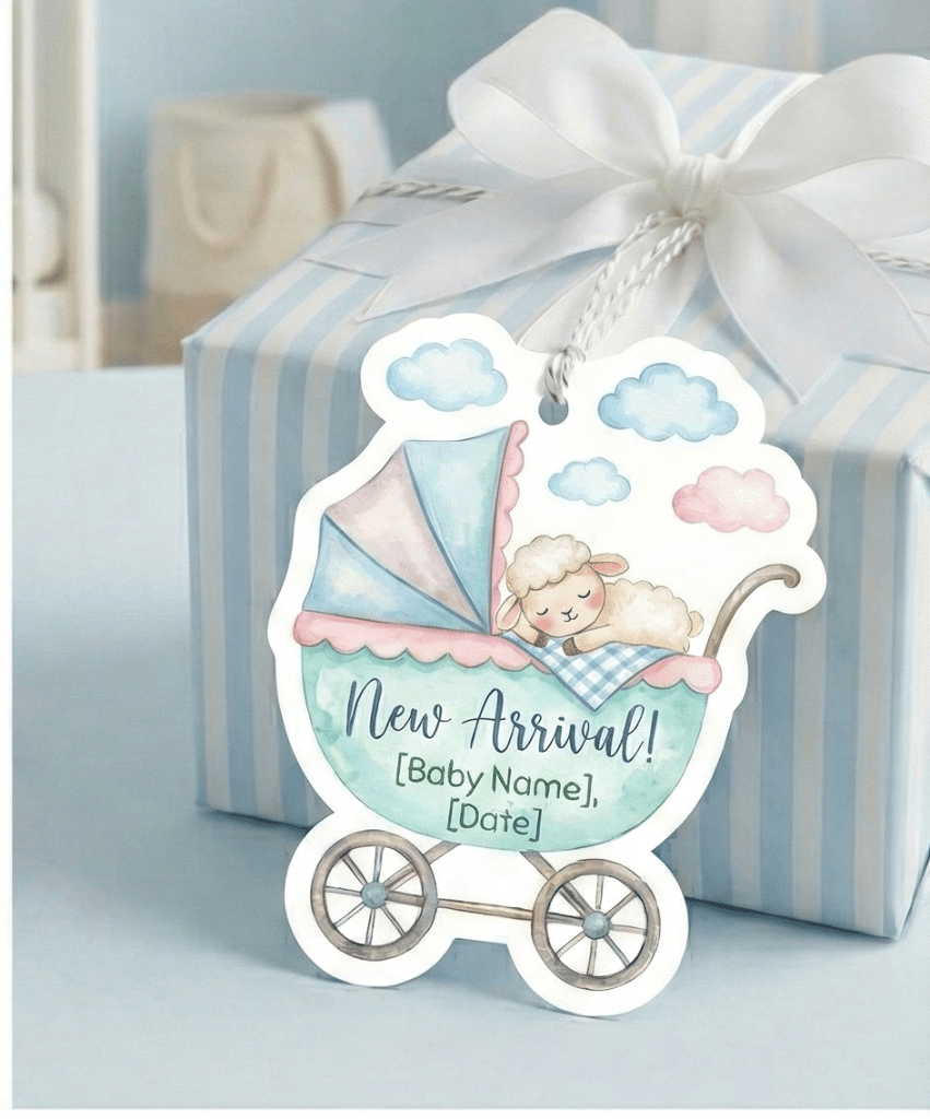Baby Shower & Birth Announcement Gift Tags in Baby Pram Design ...